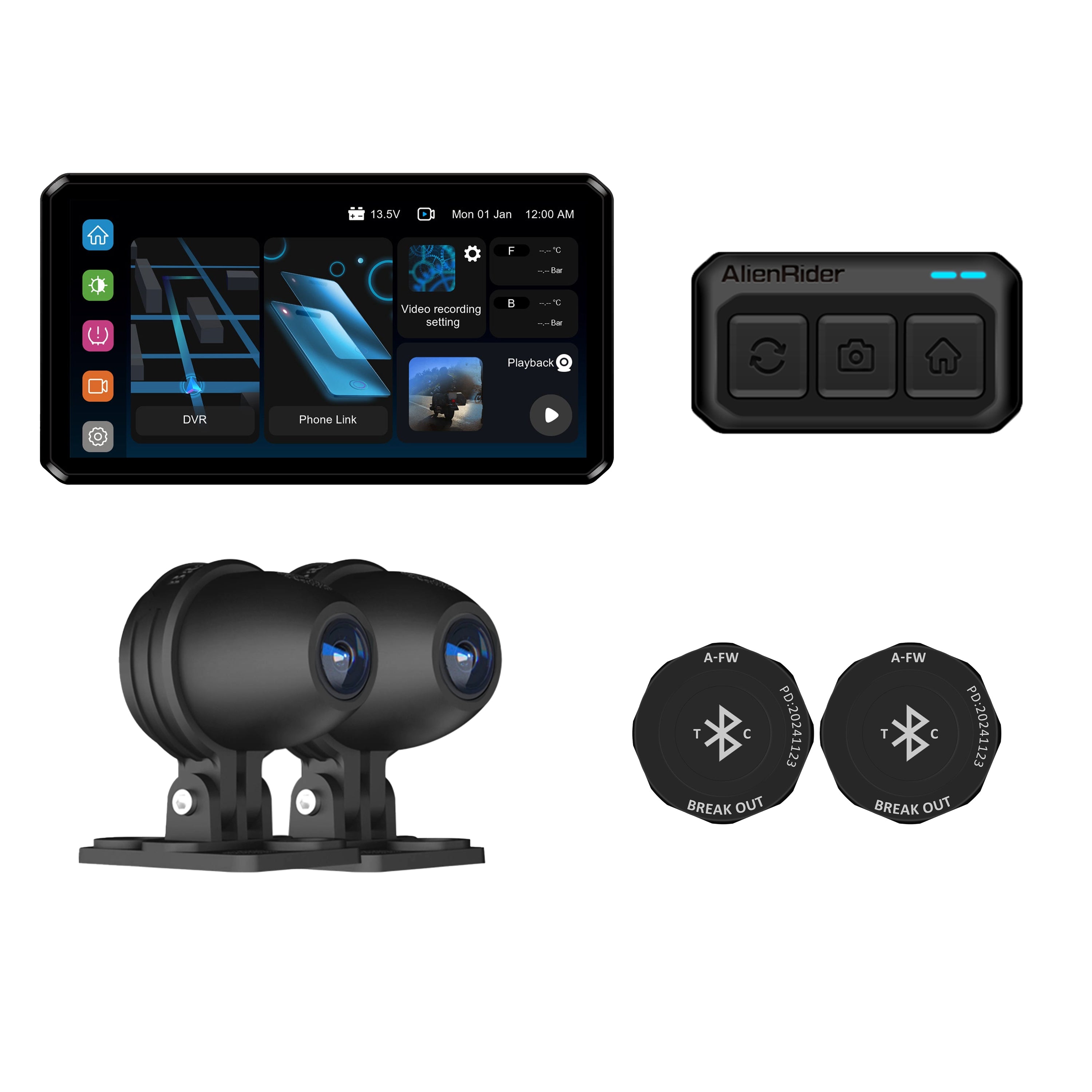 AlienRider M2S-QR-BMW IP68 Smart Infotainment Kit: Dual Cam, TPMS, and