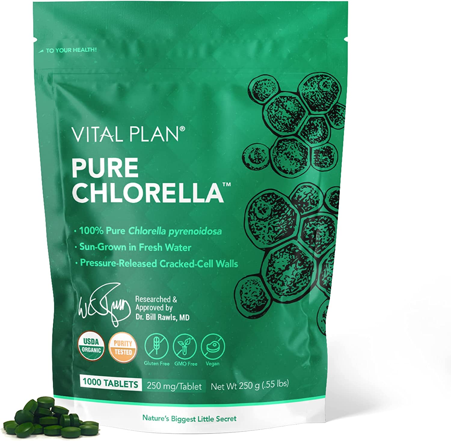 Sun Grown Chlorella Pyrenoidosa Supplement by Dr. Bill Rawls w/ Broken